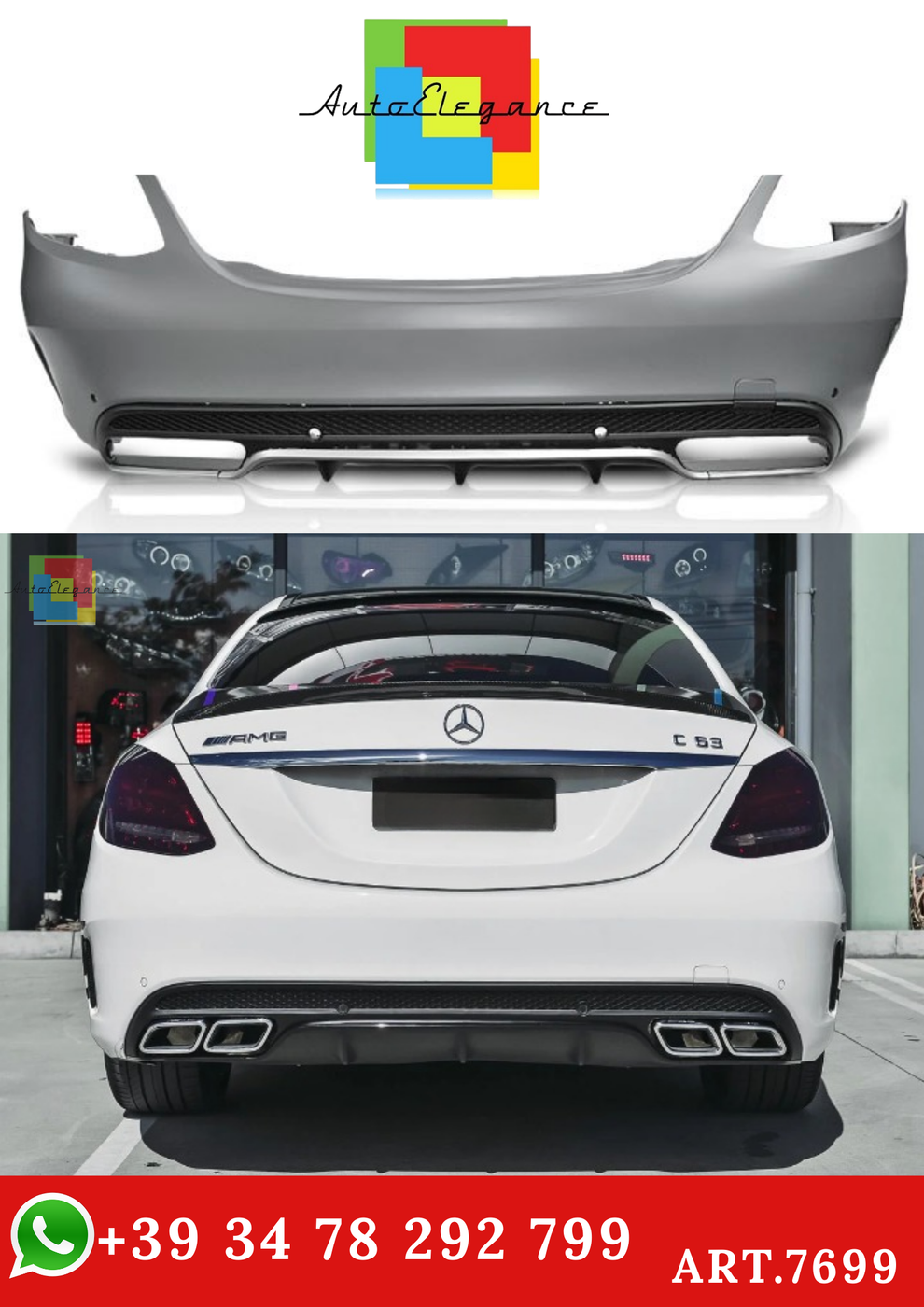 💫ART.7699 Paraurti Posteriore Look C63 AMG per MERCEDES Classe C 2014 ...