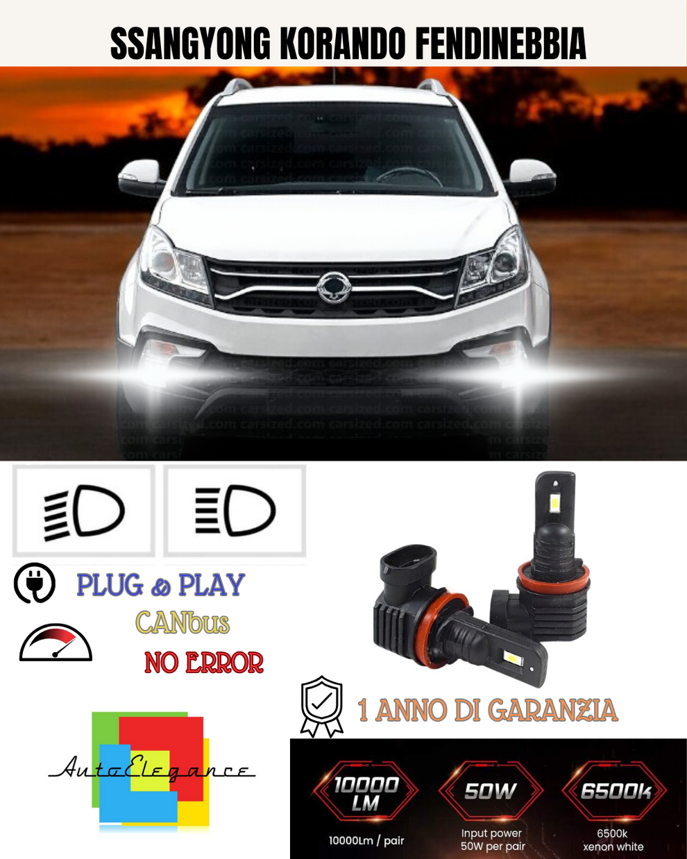 💕 KIT LED H16 SSANGYONG KORANDO FENDINEBBIA 6000K BIANCO 6000 LUMEN 💕 ...