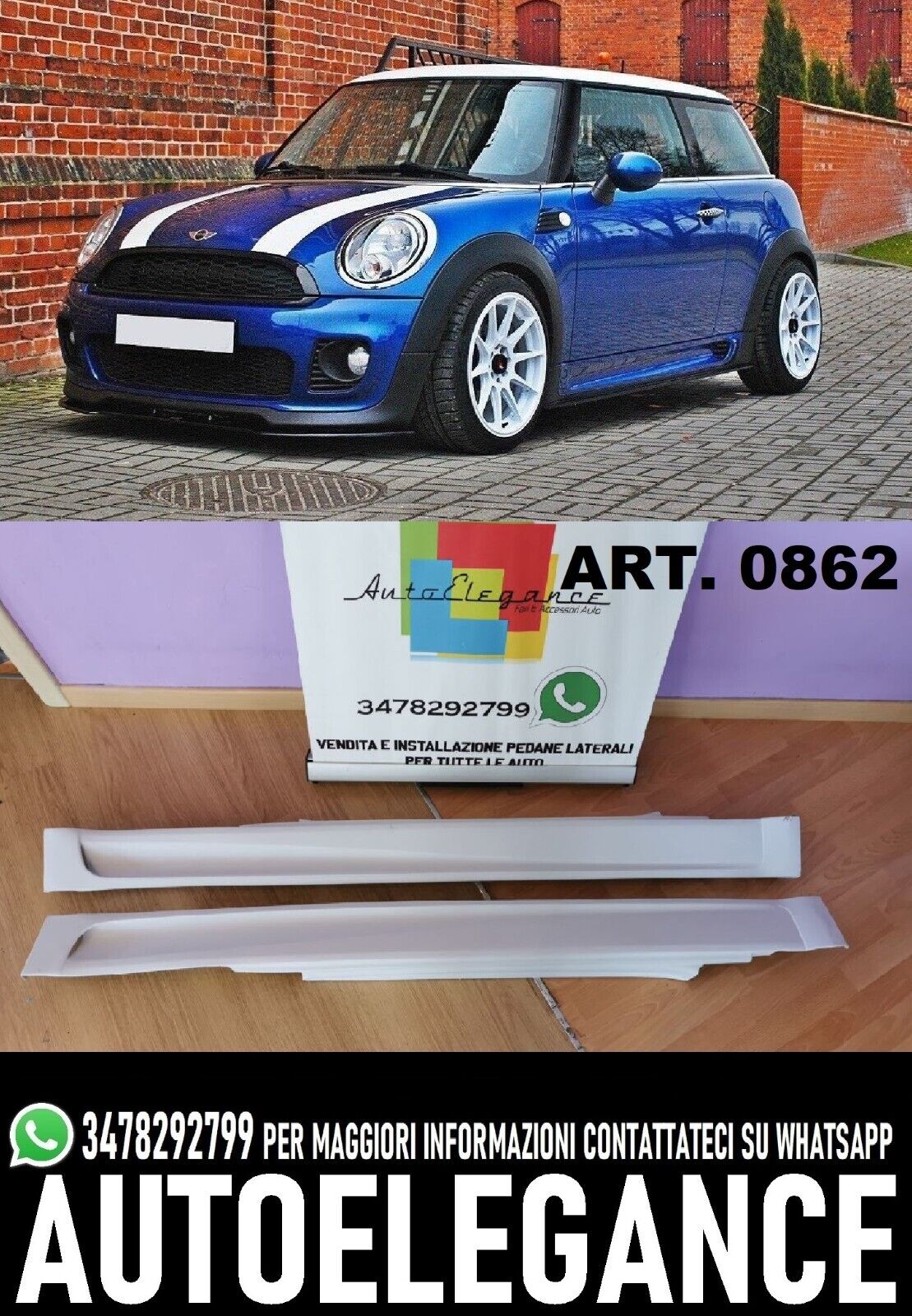 MINIGONNE LATERALI MINI R56 + R53 2001-2009 SPOILER SOTTO PORTA LOOK S ...